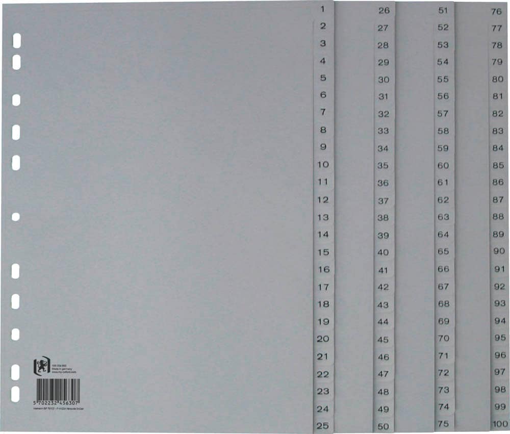 OXFORD Ordnerregister DIN A4 Vollformat 1-100 grau 100-teilig, 1 Satz ...